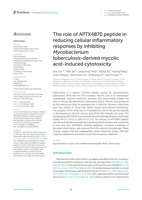 Pdf The Role Of Aptx4870 Peptide In Reducing Cellular Inflammatory Responses By Inhibiting