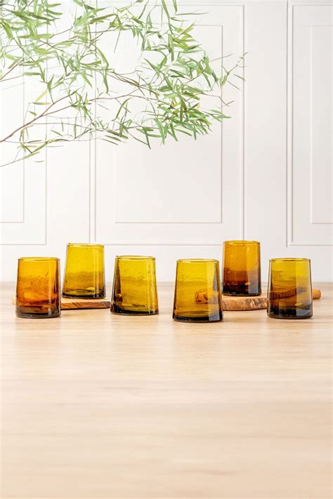 Set Of 6 Amber Recycled Glass Tumblers Handade In Morocco Ouive