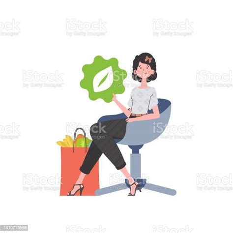 한 소녀가 건강 식품 가방 옆에 앉아서 Eko 아이콘을 리디렉션합니다 격리 트렌드 스타일 벡터 일러스트레이션 가방에 대한 스톡 벡터 아트 및 기타 이미지 Istock