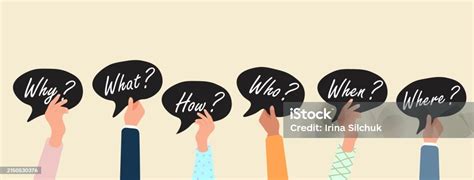 누가 무엇을 어디서 언제 왜 어떻게라는 질문을 던지는 말풍선을 들고 있는 사람들의 손 브레인스토밍 정보 아이디어 문제 해결 조사
