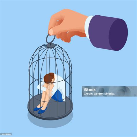 새장 안에 앉아 있는 등각성 우울한 여성들 슬픈 여자는 그녀의 무릎을 껴안고 울고 여자 우울증과 절망 새장 안에 앉아있는 젊은