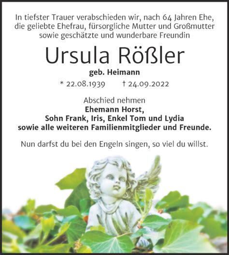 Traueranzeigen Von Ursula Rößler Abschied Nehmen De
