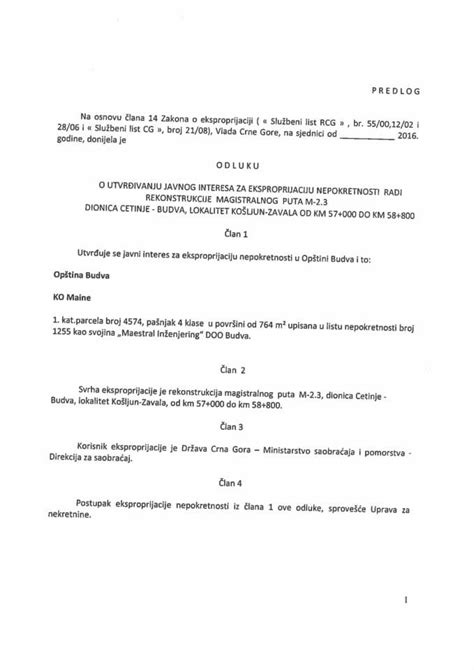 Predlog Odluke O Utvrđivanju Javnog Interesa Za Eksproprijaciju Nepokretnosti Radi
