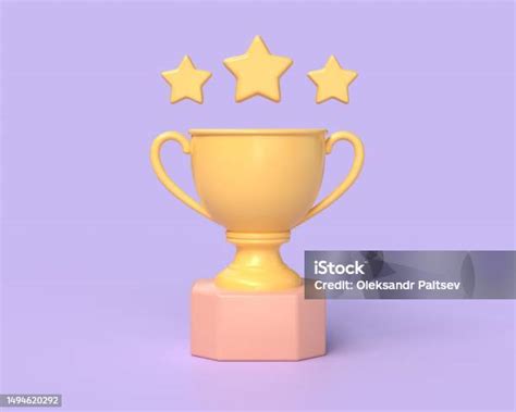 별이 있는 3d 어워드 트로피 챔피언스 골든 컵 수상자가 성공적으로 개념입니다 3d 렌더링 일러스트레이션 최소 만화 스타일입니다 보라색 배경에 격리 3차원 형태에 대한 스톡