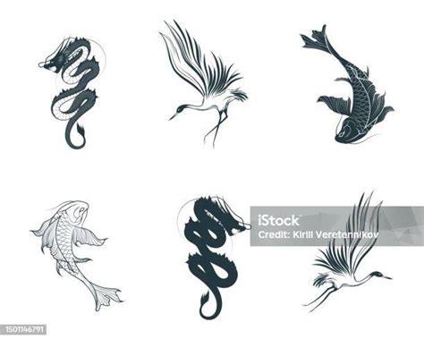 잉어 물고기 용 크레인 일본 미술 컬렉션입니다 티셔츠 문신 프린트 및 스티커를 위한 6가지 디자인 요소 세트 손으로 그린 벡터