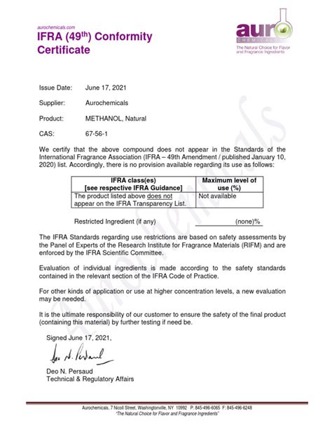 Methanol Natural Ifra 49th Certificate Pdf