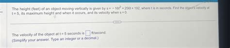 solved the height feet ﻿of an object moving vertically is