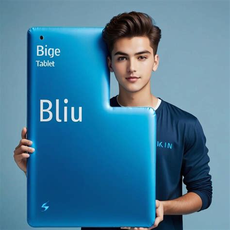 Premium Photo Young Man With Big Blue Tablet With Inscription