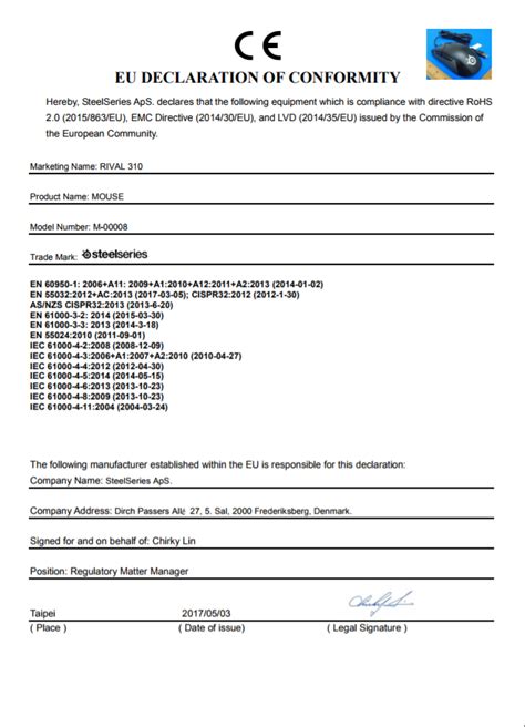 Eu Declaration Of Conformity Rival 310 Support