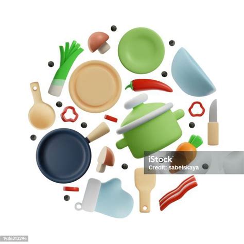 3d 스타일의 주방용품과 조리기구 흰색 배경에 분리된 벡터 그림 3차원 형태에 대한 스톡 벡터 아트 및 기타 이미지 3차원 형태 음식 요리하기 음식 준비 Istock