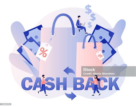 캐시 백 개념 작은 사람들은 돈을 환불합니다 보상 프로그램 송금 돈 온라인 뱅킹 온라인 쇼핑 돈 성장 현대 플랫 만화 스타일