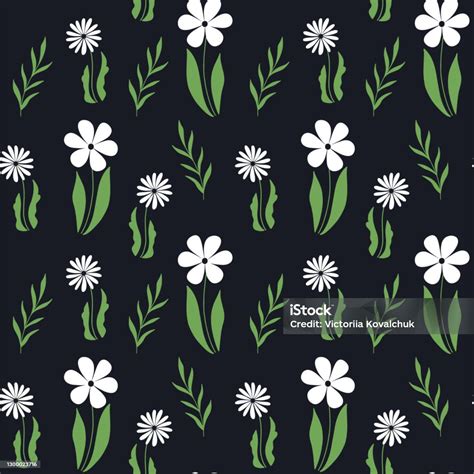 꽃과 매끄러운 봄 패턴 꽃 카모마일 어두운 배경에 고립 된 잎 포스터 포장지 직물 웹 파티 초대 벽지 결혼식 직물에 대한 벡터 일러스트 0명에 대한 스톡 벡터 아트 및 기타