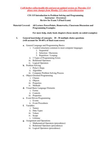 Cis 115 Final Exam Review Problem Solving And Programming