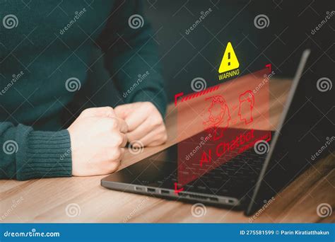 Adult Man Using Laptop Chatting With A Smart Ai Chatbot With Triangle Caution Warning Sign
