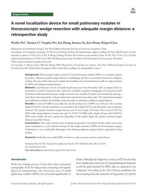 Pdf A Novel Localization Device For Small Pulmonary Nodules In Thoracoscopic Wedge Resection