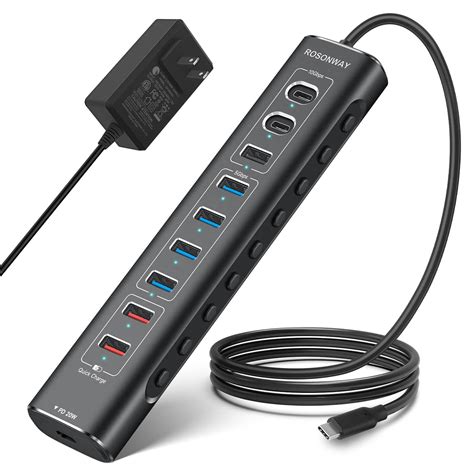 Rosonway 10 Port Powered Usb 3 2 Usb C Hub 60w With 10gbps Usb A 3 2 2 Usb C 3 2 4 Usb 3 0