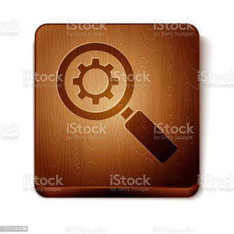 갈색 돋보기 와 기어 아이콘 흰색 배경에 격리 검색 기어 도구 비즈니스 분석 기호입니다 나무 사각형 버튼입니다 벡터 일러스트레이션 0명에 대한 스톡 벡터 아트 및 기타