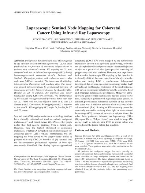 Laparoscopic Sentinel Node Mapping For Colorectal Cancer Using Infrared Ray Laparoscopy Docslib