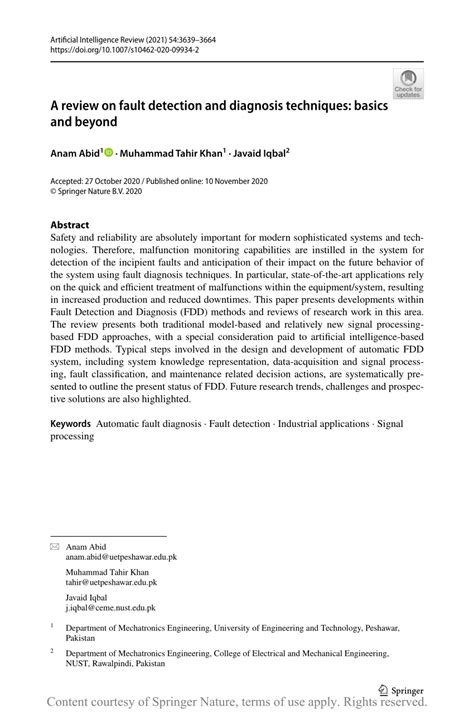 A Review On Fault Detection And Diagnosis Techniques Basics And Beyond Request PDF