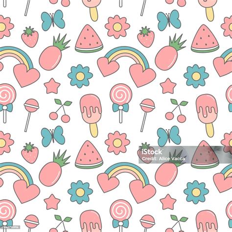 나비 꽃 신선한 과일 무지개 사탕 아이스크림 스타와 함께 귀여운 열 대 여름 원활한 벡터 패턴 배경 그림 0명에 대한 스톡 벡터 아트 및 기타 이미지 Istock