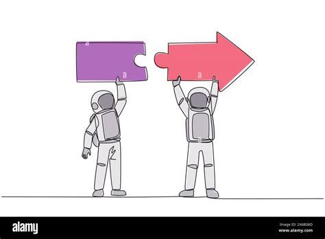 Continuous One Line Drawing Two Astronauts Doing Teamwork To Carrying