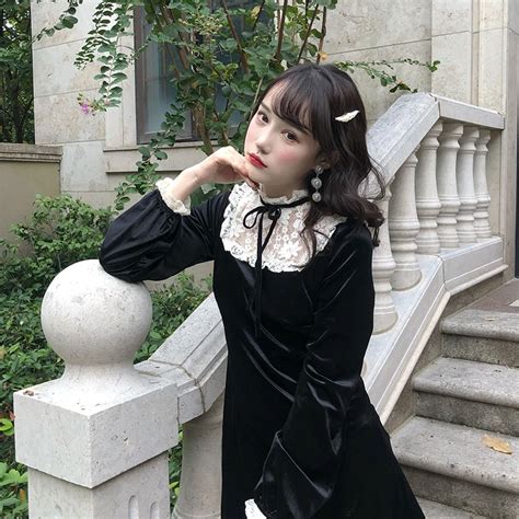 벨벳 질감 다크 레이스 스티치 긴팔 드레스 여성용 로리타 스타일 가을 겨울 상품 로리타 드레스 AliExpress