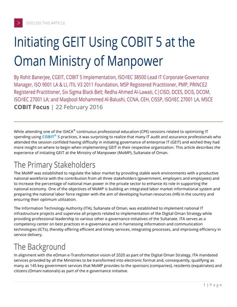 Pdf Initiating Geit Using Cobit 5 At The Oman Ministry Of Manpower