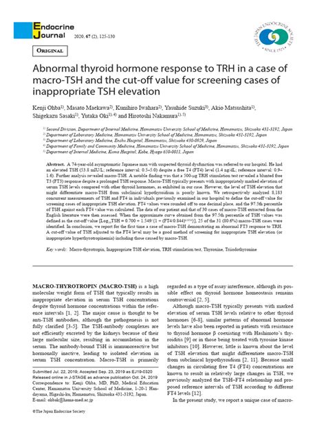 2020 Abnormal Thyroid Hormone Response To Trh In A Case Of Macro Tsh And The Cut Off Value For