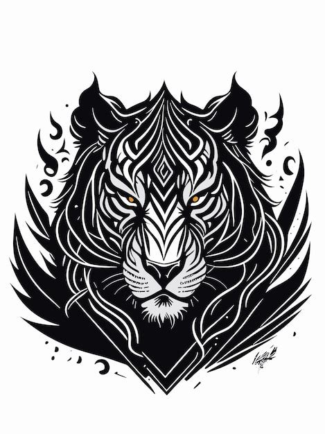 터 화난 호랑이 머리 실루 ⁇ 신화 로고 단색 디자인 스타일 예술 작품 일러스트레이션 프리미엄 벡터
