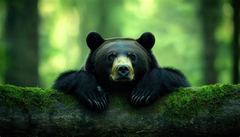 Black Bear Resting On Tree Log In Lush Forest Background With Copyspace