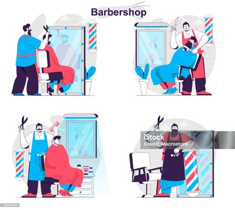 이발소 컨셉 세트 미용사는 남성 헤어 스타일을 만들고 면도하고 수염을 애무합니다 사람들은 평평한 디자인으로 장면을 고립시다 블로깅 웹 사이트 모바일 앱 홍보 자료에 대한