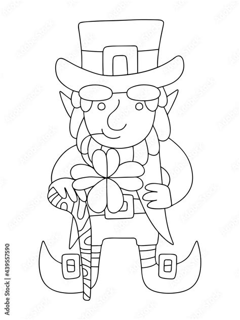 Cute Hand Drawn Irish Leprechaun With A Four Leaf Clover And Shillelagh Linear Vector