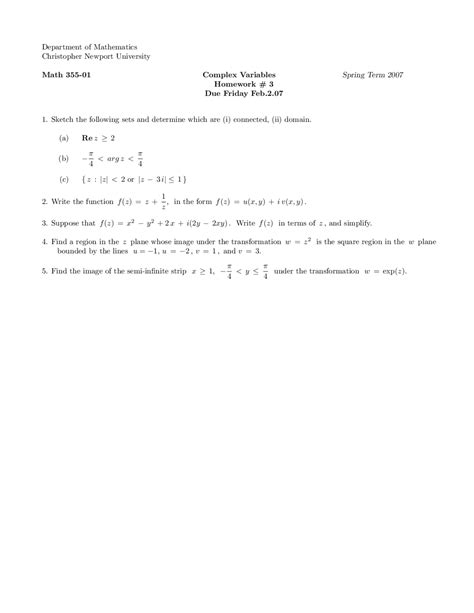 Complex Variables Homework 3 Problems Math 355 Docsity