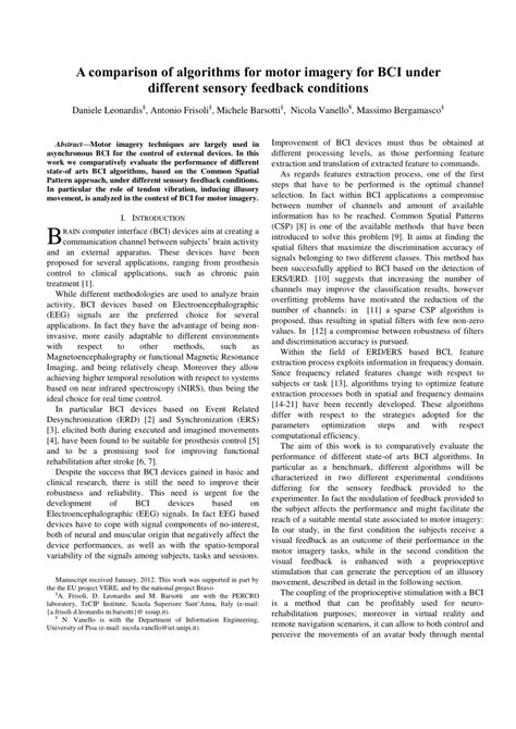 Pdf A Comparison Of Algorithms For Motor Imagery For Bci Under Different Sensory Feedback