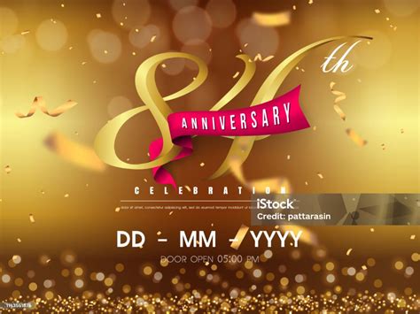 골드 배경에 84 년 기념일 로고 템플릿 81 빨간 리본 벡터와 색종이 고립 된 디자인 요소와 황금 숫자를 축 하 0명에 대한