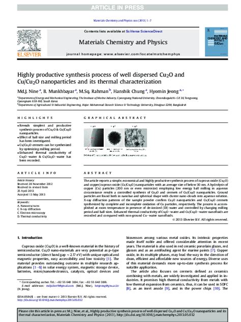 Pdf Highly Productive Synthesis Process Of Well Dispersed Cu2o And Cu Cu2o Nanoparticles And