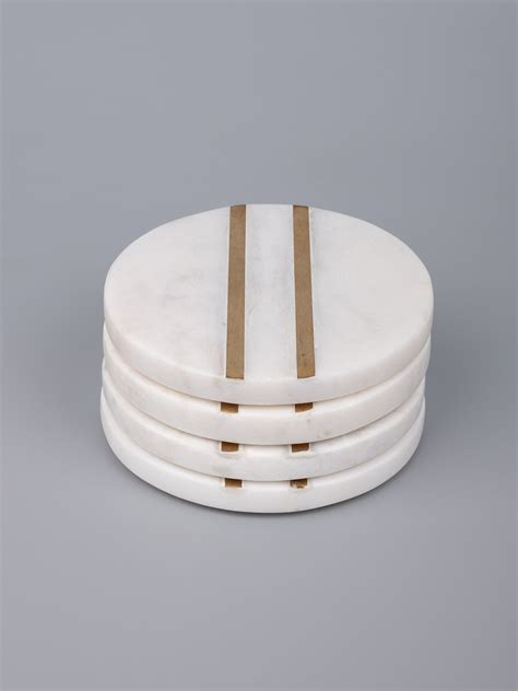 Round White Marble Coaster Set 4 Pieces Brass Inlay Work