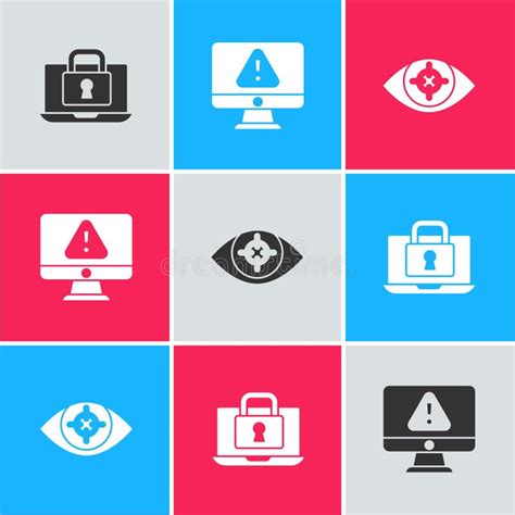 Set Laptop And Lock Monitor With Exclamation Mark And Eye Scan Icon Vector Stock Vector