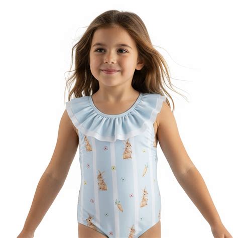 Meia Pata Girls Pale Blue Stripe Rabbit And Carrot Print Swimsuit