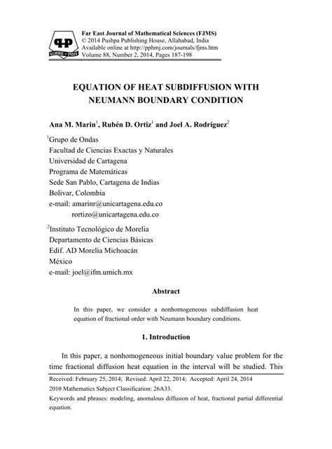 Pdf Equation Of Heat Subdiffusion With Neumann Boundary Condition