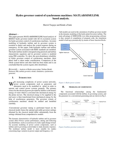 Pdf Hydro Governor Control Of Synchronous Machines Matlabsimulink