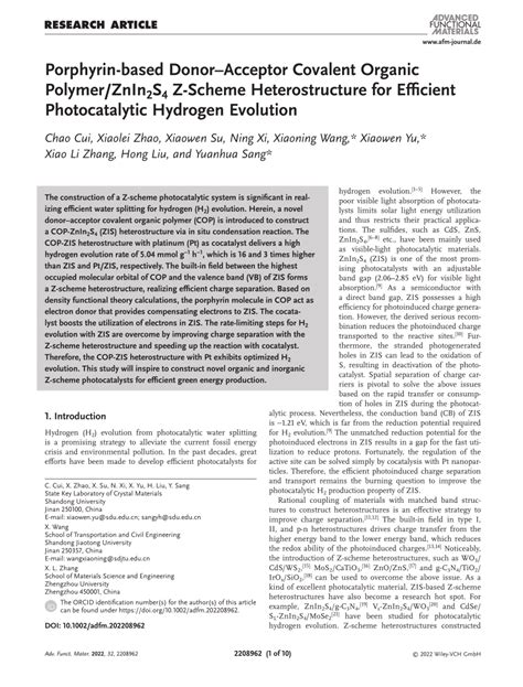 Porphyrin‐based Donoracceptor Covalent Organic Polymerznin2s4 Z‐scheme Heterostructure For