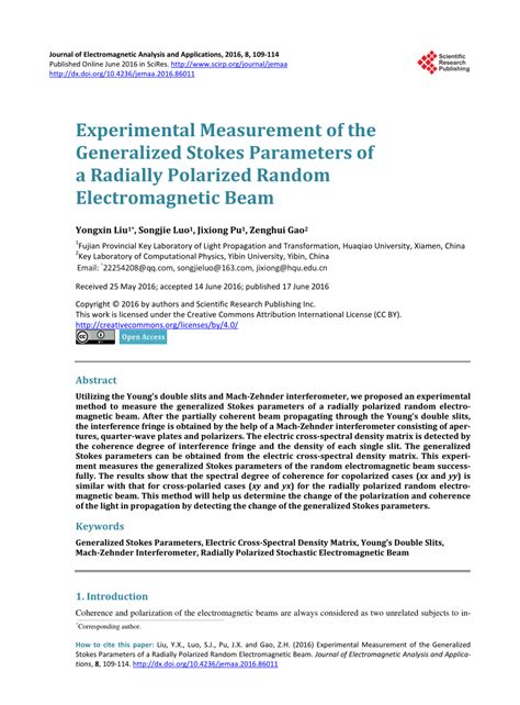 Pdf Experimental Measurement Of The Generalized Stokes Parameters Of A Radially Polarized
