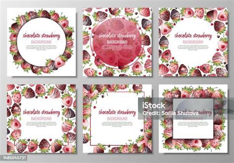 초콜릿 딸기가 든 엽서 세트 테두리 낭만적 인 달콤한 디저트 초콜릿 시럽에 베리 초콜릿 칩으로 장식된 딸기가 있는 배경 벡터 그림입니다 가리기에 대한 스톡 벡터 아트 및