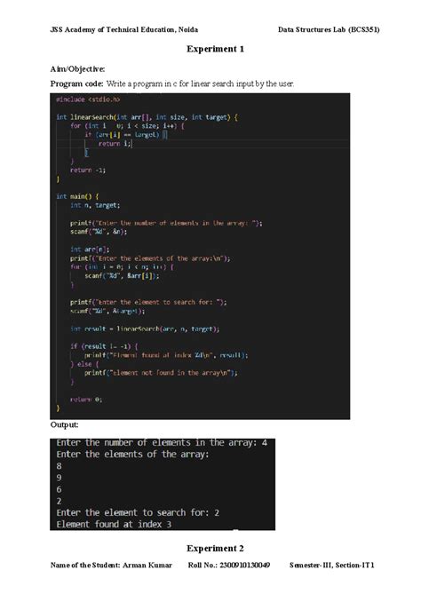 Data Structures Lab Bcs351 Experiment Codes And Outputs Studocu