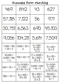 Whole Numbers Expanded Form Matching By Lisa Strickland TpT