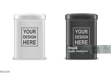 현실적인 3d 흰색과 검은색 모자 직사각형 또는 사각형 모양으로 빈 금속 알루미늄 차 주석 수 있습니다 컨테이너 흰색 배경에 고립 된 근접 촬영 설정 벡터 이랑 포장 베이비