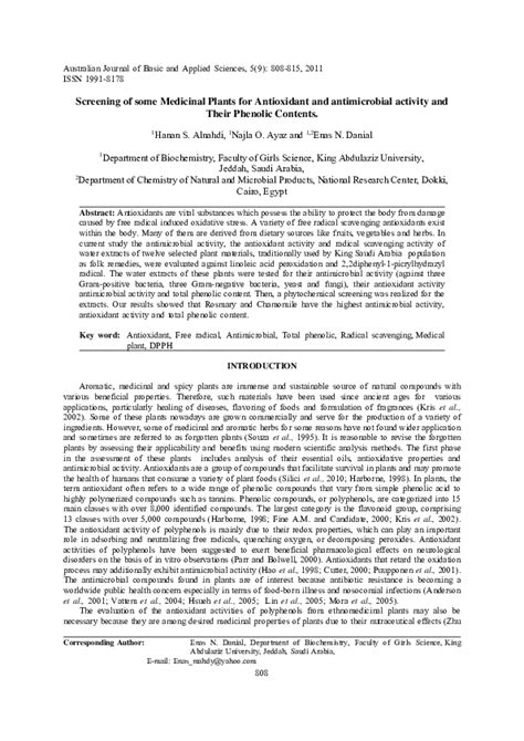 Pdf Screening Of Some Medicinal Plants For Antioxidant And Antimicrobial Activity And Their