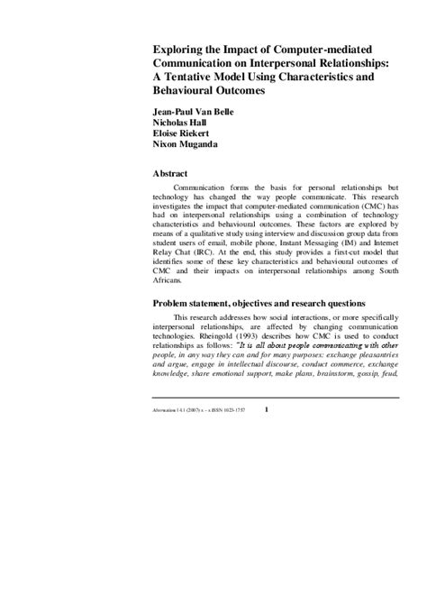 Pdf Exploring The Impact Of Computer Mediated Communication On Interpersonal Relationships A
