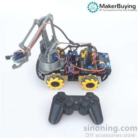 ps2 4wd remote control mecanum omnidirectional wheel trolley with 4dof robot arm manipulator for